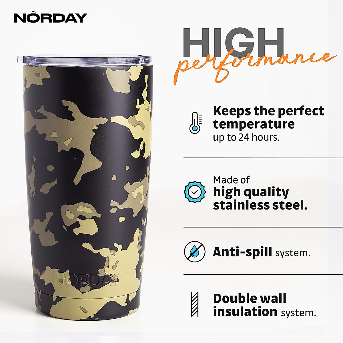 NORDAY | Tumbler Cup with Lid - 20oz - Black Camo | Vacuum Insulated Tumbler - Travel Tumbler - Stainless Steel Tumblers - Double Wall Coffee Tumbler - Keeps Temperature up to 24hr - Anti Spill Lids
