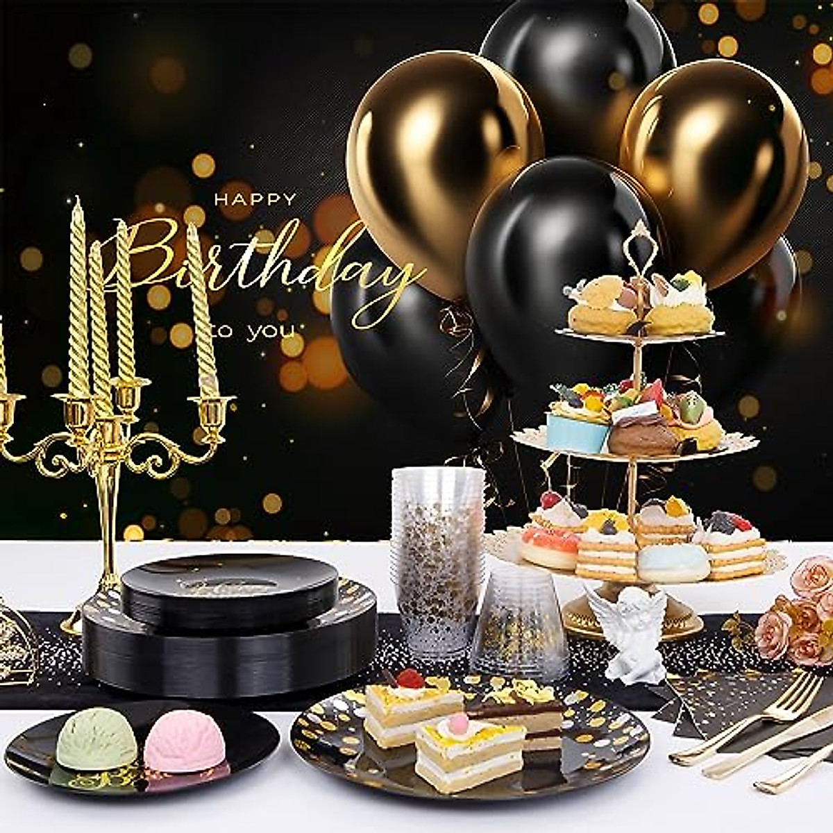 Nervure 175PCS Happy Birthday Plates - Black Plastic Plates with Gold & Silver Dot Include 25 Dinner Plates, 25 Dessert Plates, 75 Plastic Silverware, 25 Cups, 25 Napkins for Birthday & Party
