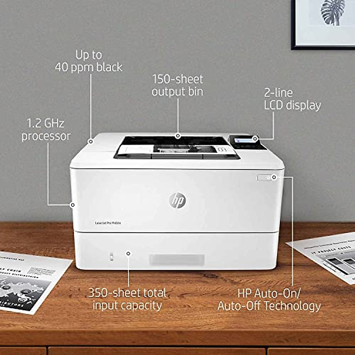 HP Laserjet Pro M404n Black and White Single-Function Wired Laser Printer, White - Print only - 2-line LCD Display, 40 ppm, 4800 x 600 dpi, Ethernet, Hi-Speed USB, Cbmoun Printer_Cable