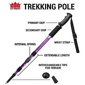 Crown Sporting Goods Shock-Resistant Adjustable Trekking Pole and Hiking Staff (Set of 2), Purple, 43-Inch