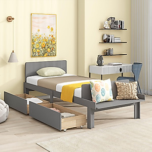 Twin Bed Frame, Wood Platform Bed with Storage, Twin Size Bed Frames with Wood Slat Support for Kids, No Box Spring Needed, Gray