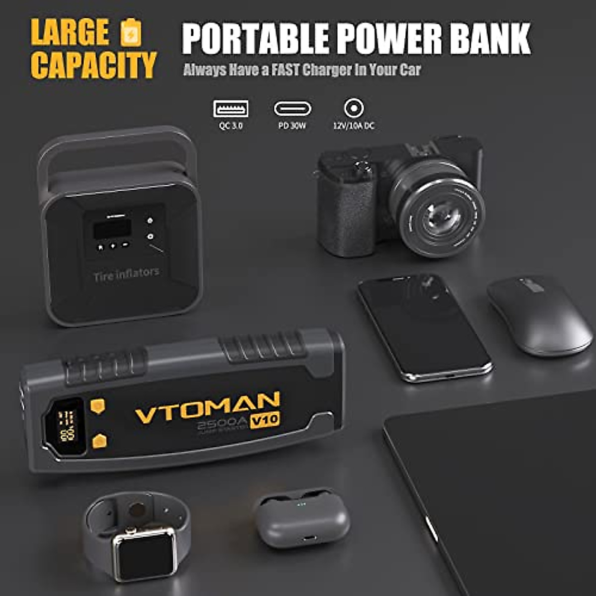 VTOMAN V10 Jump Starter, 2500A for 9L Gas and 7L Diesel Engine with PD30W Two-Way Quick Charge, Car Battey Charger Jump Box Portable, 12V Auto Battery Booster Power Pack with Jumper Cable WorkLight