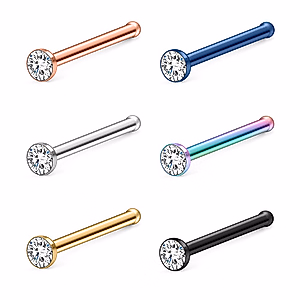 Ruifan 6PCS 18G Mix Color 316L Surgical Steel Jeweled Clear Diamond CZ Nose Stud Rings Bone Pin Piercing Jewelry 2mm