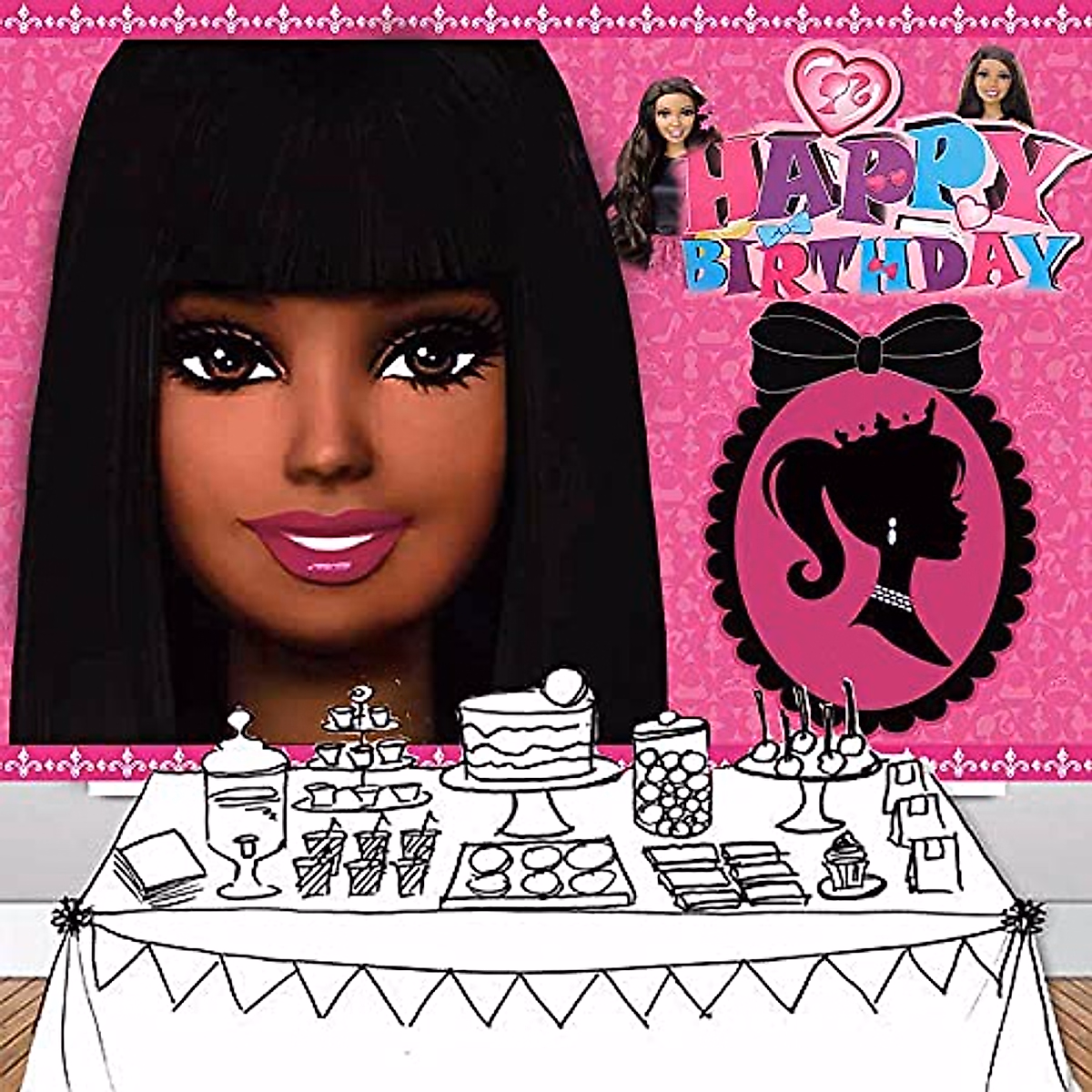 Black Barbie Party Backdrop Pink Photography Background Glamour Girl Lady Birthday Party Banner Cake Table Decoration Decor Props Photo Shoot 7x5Ft