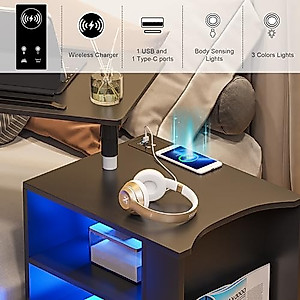 HNEBC LED Nightstand with Wireless Charging Station,Nightstand Has Adjustable Rotary Table,Bedside Tables with One Drawer and 2 Mezzanines/Infrared Induction 3 Color Lighting (On The Right)