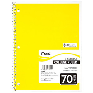 Mead 05512 Spiral Notebook, College Ruled 7.5" x 10.5" 70 Sheets, 1 Subject, 6 Pack, Colors May vary