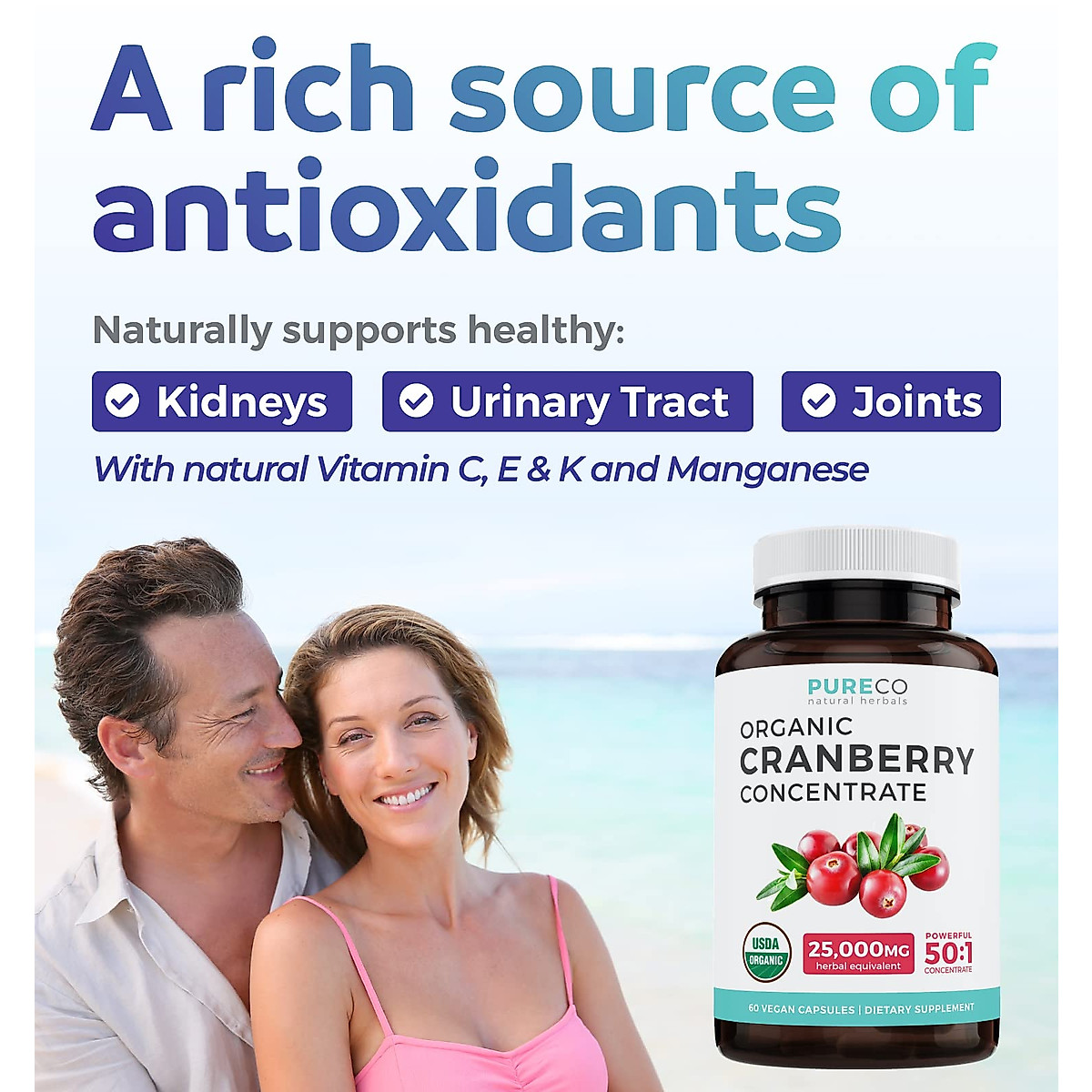 Organic Cranberry Pills - 50:1 Concentrate Equals 25,000mg of Fresh Cranberries (Vegan) for Urinary Tract Health & Kidney Cleanse - Cranberry Pills for Women - UTI Support Supplement - 60 Capsules
