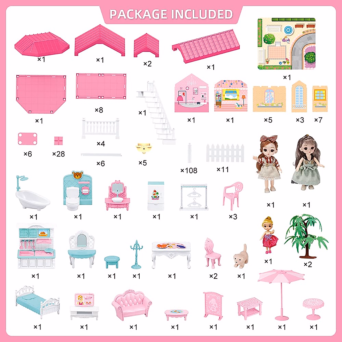 Mini Tudou Doll House Dreamhouse for Girls, Dollhouse with Lights, Play Mat and Dolls,DIY Building Pretend Play House with Accessories Furniture and Household Items,Playhouse for Girls 3-12 (9 Rooms)