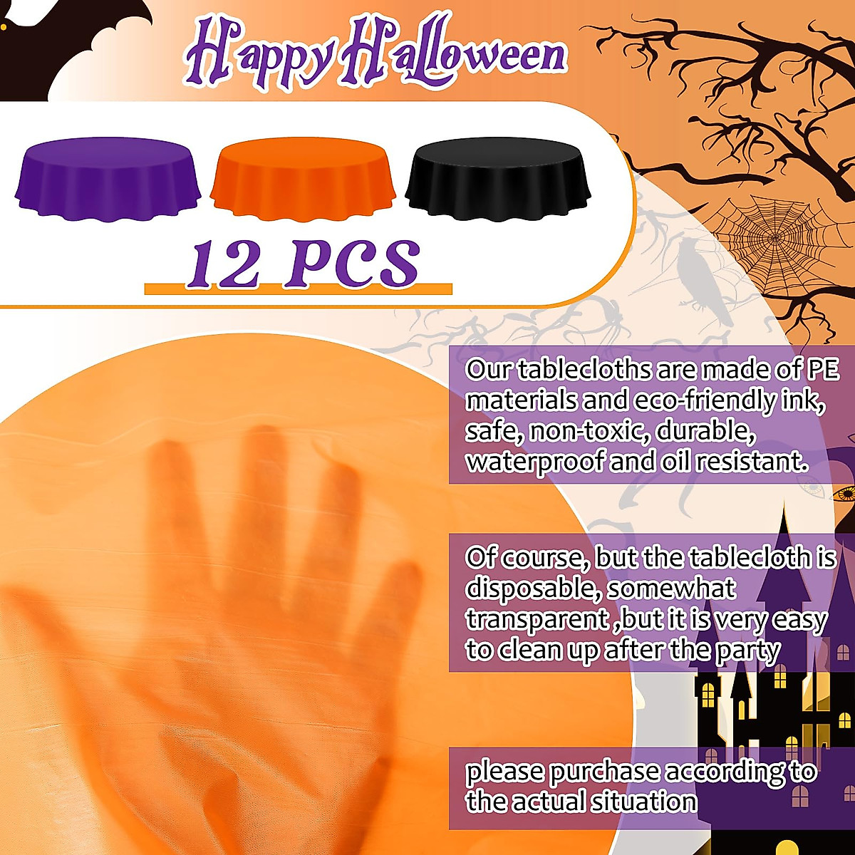 Amylove 12 Pcs 84 Inch Plastic Halloween Tablecloth Round Waterproof Disposable Orange Purple Table Cloth Tabletop Halloween Decorative Table Cover for Halloween Parties Decorations