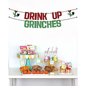 Drink Up Grinches Banner, Red & Green Glittery Christmas Decorations Banners, Grinch Christmas Decorations Winter Holiday Garland Photo Props Banner for Party Decorations