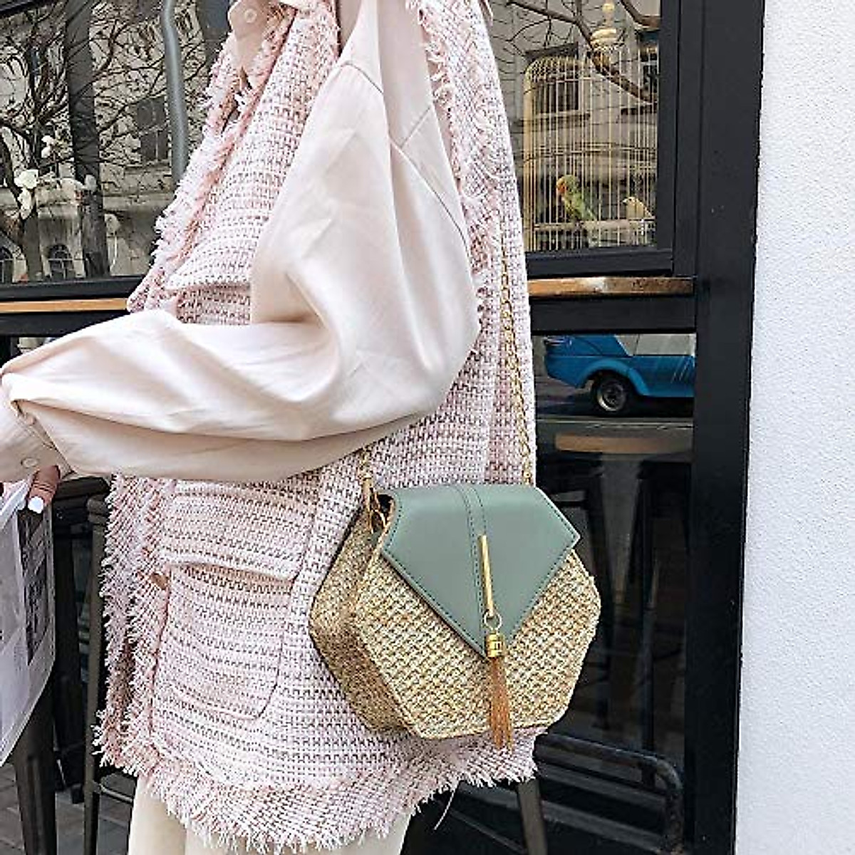 Straw Handbag Crossbody Bag Hexagon Straw+Leather Woven Beach Shoulder Bag