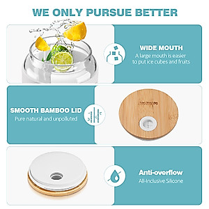 VOKOVO 32oz Glass Tumbler with Bamboo Lid and Straw, Glass Water Bottles with Time Marker, Iced Coffee Cup with Handle, Two Straw - Boba Straw & Drinking Straw Silicone Protective Sleeve-White