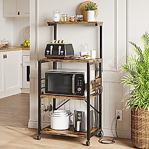 Bestier Bakers Rack with Power Outlet, 4-Tier Kitchen Microwave Stand, Coffee Bar with 6 S-Shaped Hooks, Rolling Storage Shelf Rack with Adjustable Shelf for Kitchen, Living Room - Rustic Brown