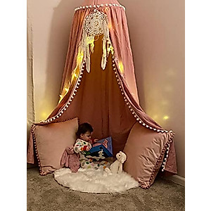 LOAOL Kids Bed Canopy with Pom Pom Cotton Canopy for Crib Baby Girl Netting Cover Canopy Crib Curtain Reading Nook Hanging Tent Nursery Play Game Castle House Decoration (Pink Pompom)