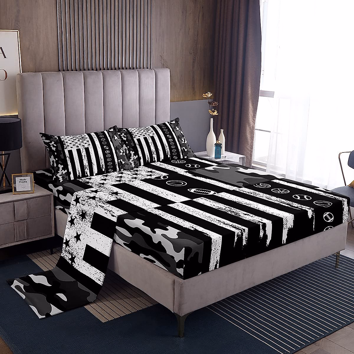 Feelyou Black Camo Bed Sheet Set Camouflage Bedding Set Military Style Fitted Sheet Baseball Football Flat Sheet for Kids Boys Girls Adults Full Size with 2 Pillow Case