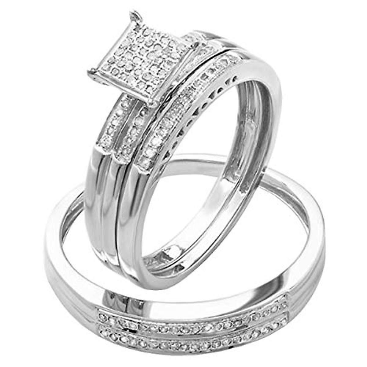 Dazzlingrock Collection 0.20 Carat (Cttw) Round Diamond Men's & Women's Engagement Ring Trio Ring Set 1/5 CT, Sterling Silver