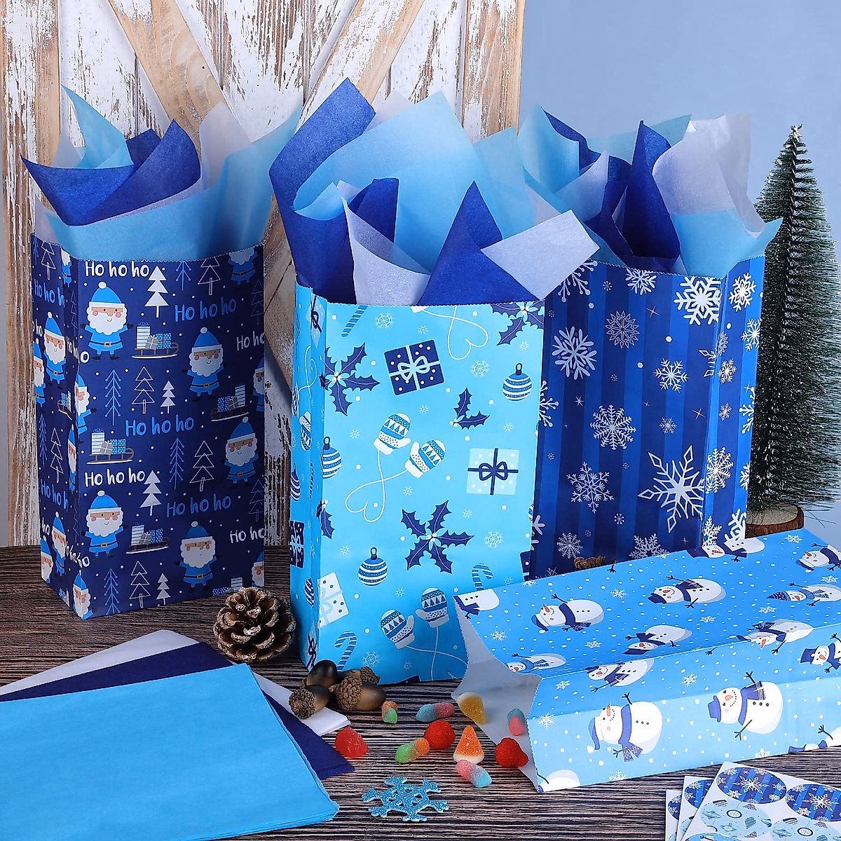 MIMIND 72 Pieces Christmas Winter Candy Paper Bags 6 Design Paper Gift Treat Bags with 72 Tissue Paper and 72 Stickers Paper Candy Gift Bags for Christmas Party Favor, 5.1 x 3.1 x 9.4 Inches