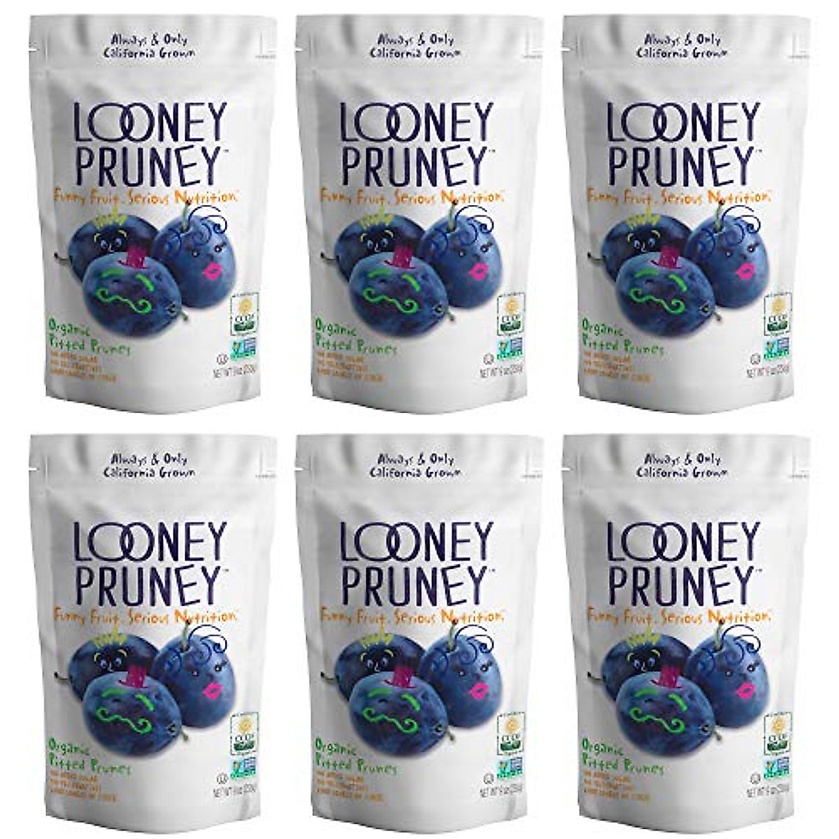 Looney Pruney Organic Pitted Dried Prunes for the Entire Family | Always California-Grown | Kosher | No Added Sugar & No Preservatives (6 pack)