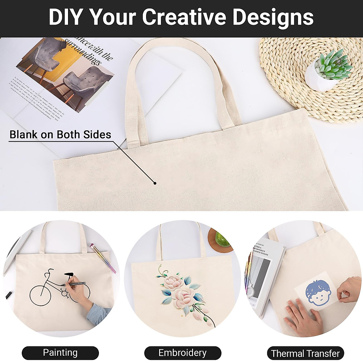 Segarty 6 Packs Large Canvas Tote Bags, 20X15 Inch Reusable Grocery Bags, Heavy Duty Shopping Bags with Bottom Gusset, Natural White Blank Cloth Shoulder Bags Perfect for DIY Crafting Decorating