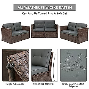 SUNVIVI OUTDOOR Outdoor Patio Loveseat, 2 Piece Brown Wicker Rattan Outdoor Furniture Couch Sofa with Non-Slip Grey Cushions,Outdoor Loveseat Sofa Chair Furniture