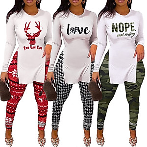 MRSYVES 2 Piece Outfits for Women Long Sleeve Side Split Pullover Shirts and Bodycon High Waist Leggings Pants White Green Camouflage L