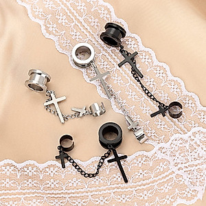 Longbeauty 2 Pairs Surgical Steel Dangle Cross Ear Tunnels Fashion Ear Gauges Plugs Expander Stretchers Piercings Black & Silver 1/2"