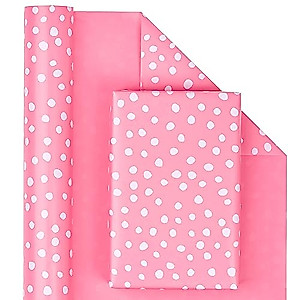 WRAPAHOLIC Reversible Wrapping Paper - Mini Roll - 17 Inch X 33 Feet - Light Pink and Delicate Polka Dots Design for Birthday, Holiday, Wedding, Baby Shower