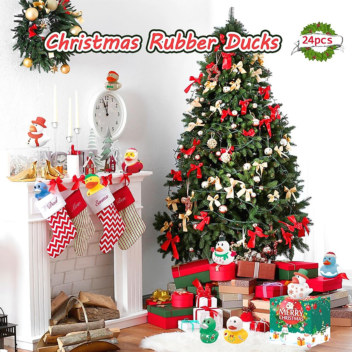 24Pcs Christmas Rubber Ducks,Mini Christmas Ducks Bath Toys Assorted Duckies (2") for Kids,Christmas Party Favors,Christmas Stocking Stuffers,Xmas Gifts