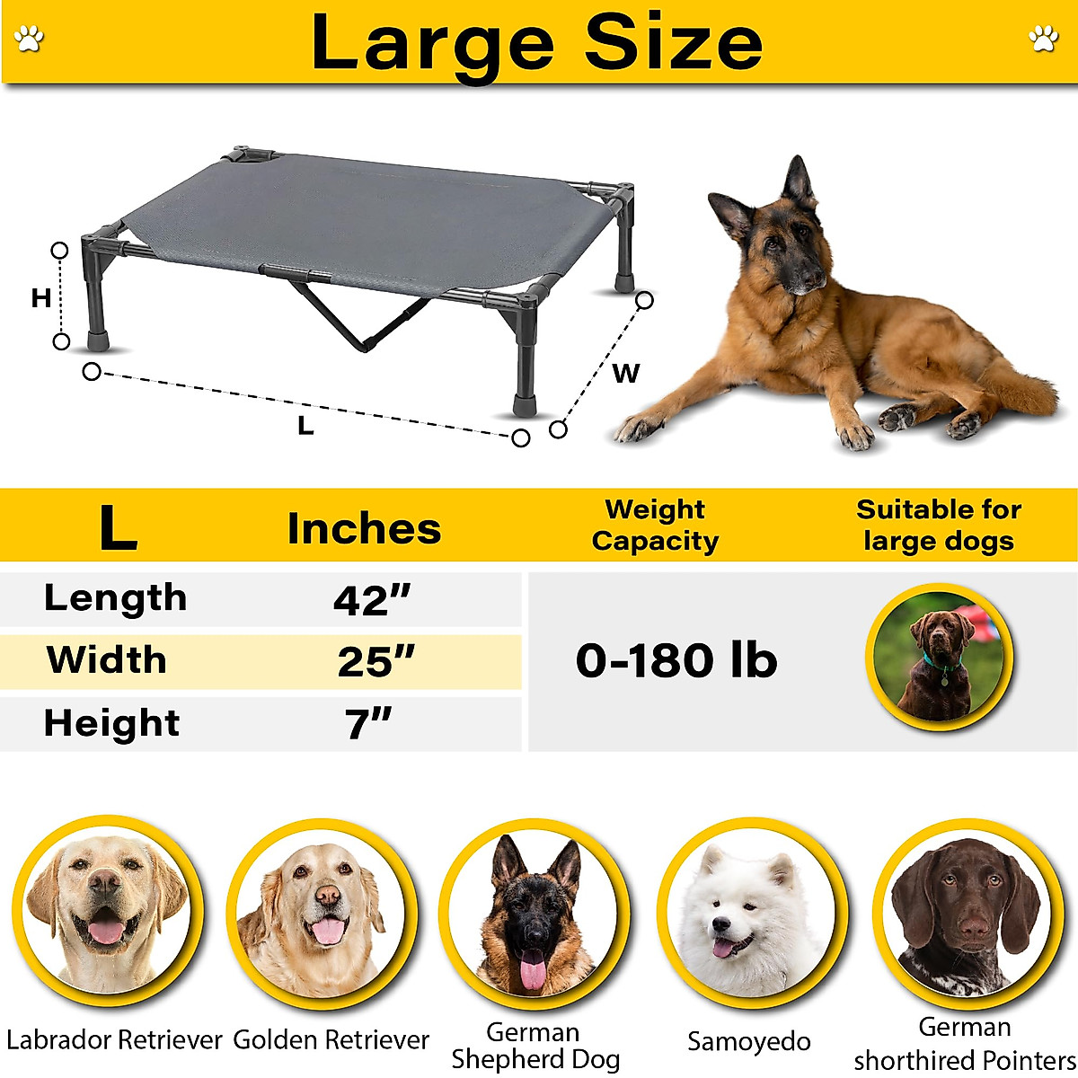 Elevated Dog Bed Raised Dog Bed Cot Bed Small Medium Large Dogs Outdoor Cooling Pet Cat Bed Breathable Mesh Washable (Large, Grey, 42''L x 25''W)