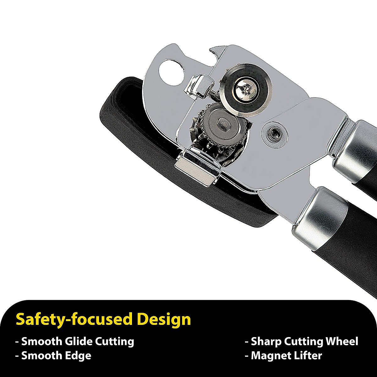 AHRAM Manual Can Opener, Sharp and smooth glide cutting wheel, With magnet lefter, Safe edge, Made with heavy duty materials, With additional glide cutting wheel as a spare part, With a bottle opener