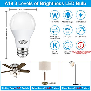 2024 NEW 3-Way LED Bulb for ON/OFF Old-Style Switch Fixtures (Not Compatible with Twist Switch), Daylight 5000K, A19 Three-Level Brightness Bulb for Pull Chain Lamps, 15/40/60W Equivalent, 4 Pack