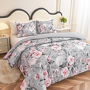 Koniroom 3 Pieces Pink and Grey Comforter Set Queen Size, Floral Bedding Sets with Pink Flowers and Leaves Pattern for Women Teen Girls, Reversible All Season Comforter with 2 Pillow Shams