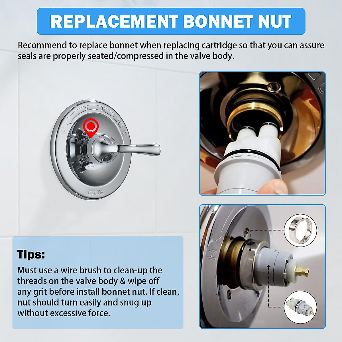 RP46074 Delta Shower Cartridge Replacement for Delta 13/14 Series Single Handle Bath Tub Shower Faucet Universal Delta Shower Valve Cartridge Replacement Parts Repair Kit with RP22734 Bonnet Nut