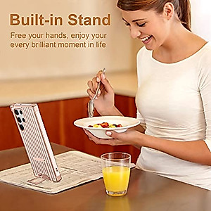 PTUONIU for Samsung Galaxy S22 Ultra Case, Luxury Electroplate Edge Bumper Case Wristband Kickstand Rugged Cover with Fashion Designs for Women Girls,Protective Phone Case for S22 Ultra Rose Gold