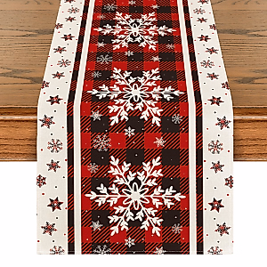 Artoid Mode Buffalo Plaid Snowflakes Christmas Table Runner, Seasonal Winter Kitchen Dining Table Decoration for Home Party Decor 13x72 Inch