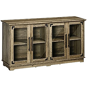 HOMCOM Farmhouse Sideboard, Buffet Cabinet, Coffee Bar Cabinet with 4 Glass Doors, Credenza, Distressed Grey