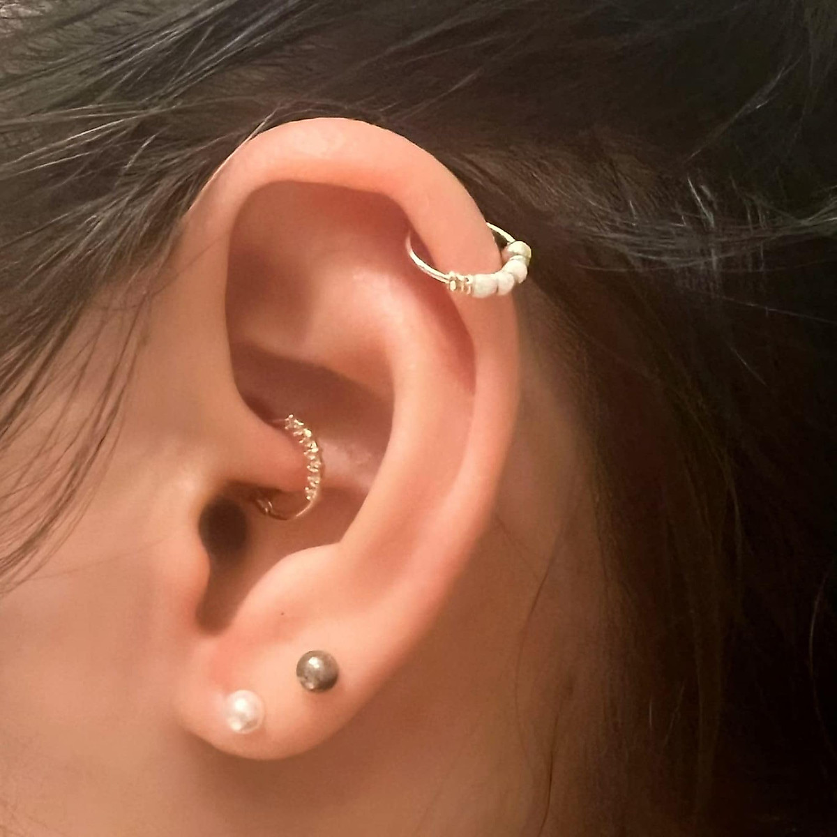 Handmade Silver Single 10MM Cartilgae Helix Piercing Hoop Earring with Trio White Opal, 925 Sterling Silver Very Small 10MM Thin 22 Gauge Hoop for women, By Miya Jewelry Creations