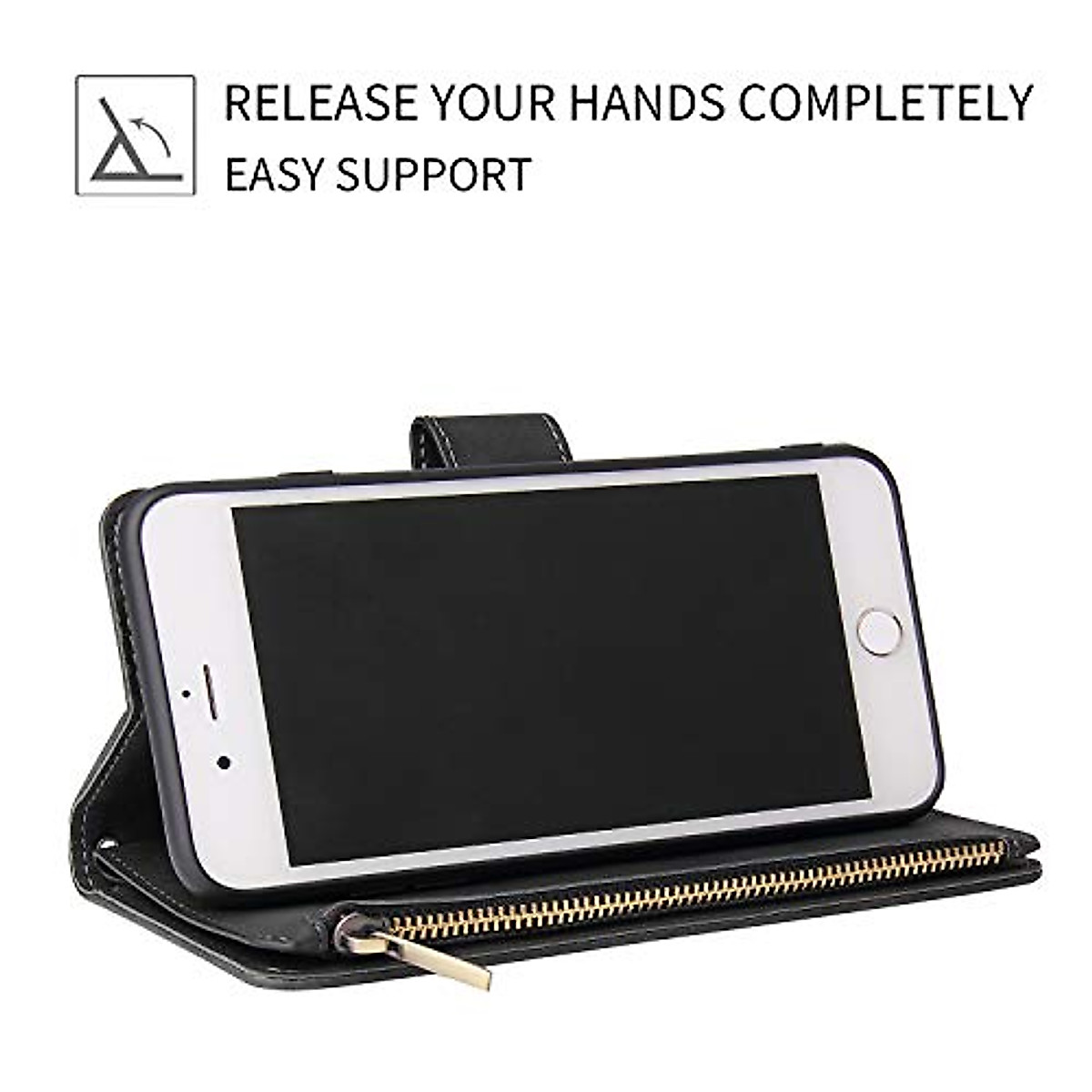 UEEBAI Wallet Case for iPhone SE 2022 5G/iPhone 7/iPhone 8/iPhone SE 2020, Premium PU Leather Magnetic Handbag Zipper Pocket Card Slots with Wrist Strap Flip Case for iPhone SE3/SE2 - Black