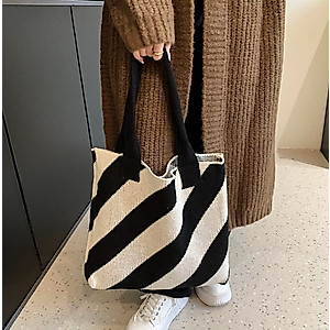 Fairycore Striped Crocheted Tote Bag Aesthetic Knitted Hobo Bag Trendy Big Capacity Shoulder Bag Y2K Accessories (Black and white)