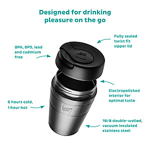 KeepCup Traveller Reusable Travel Mug - Vacuum Insulated Cup with Leakproof Sipper Lid | 16oz/454ml - Black