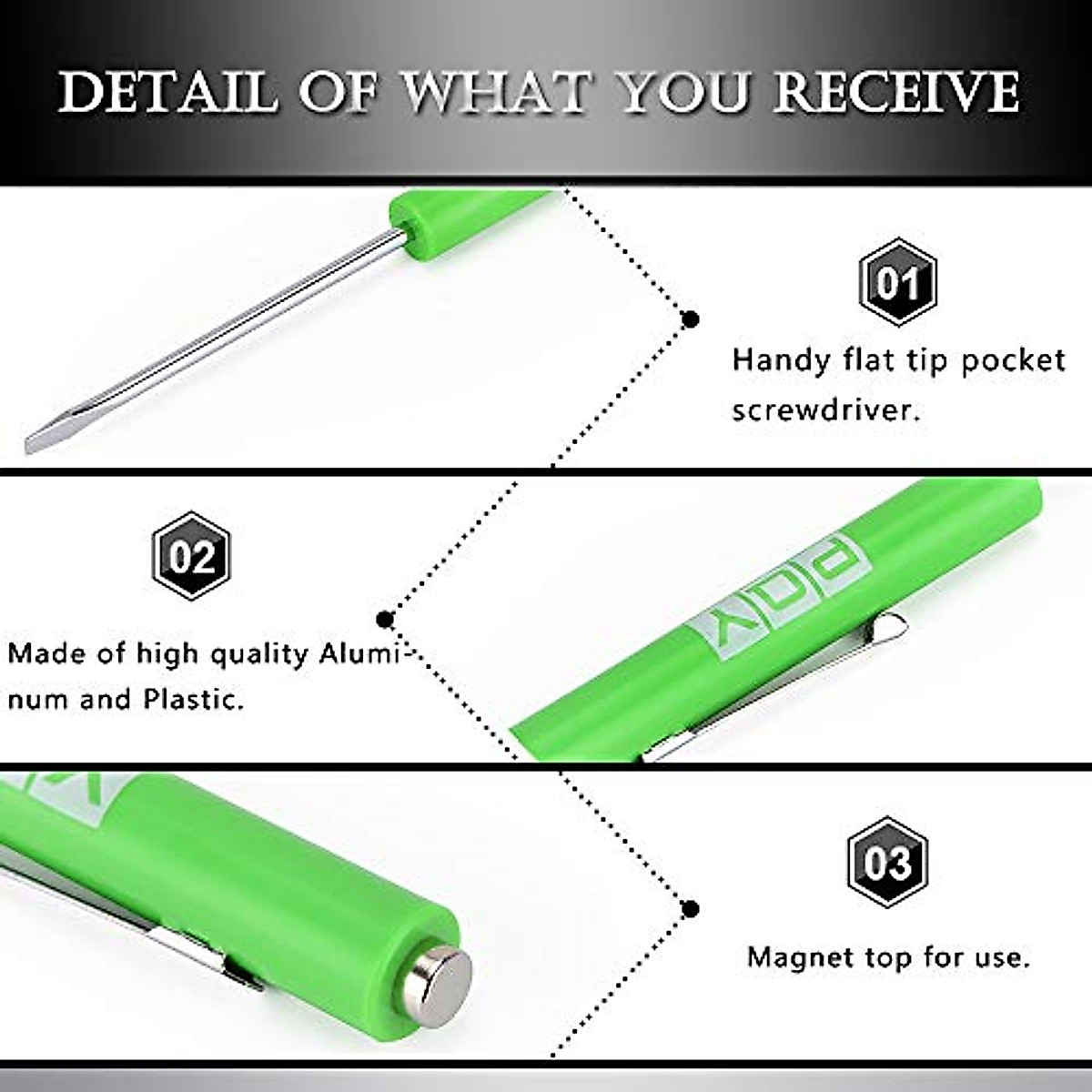 PQY Pocket Magnetic Screwdriver Slotted Head With Magnet Top + Mini Pry Bar Set Green