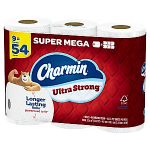 Charmin Ultra Strong Super Mega 2-Ply Toilet Paper Rolls, 4" x 4", White, 363 Sheets Per Roll, Pack Of 9 Rolls