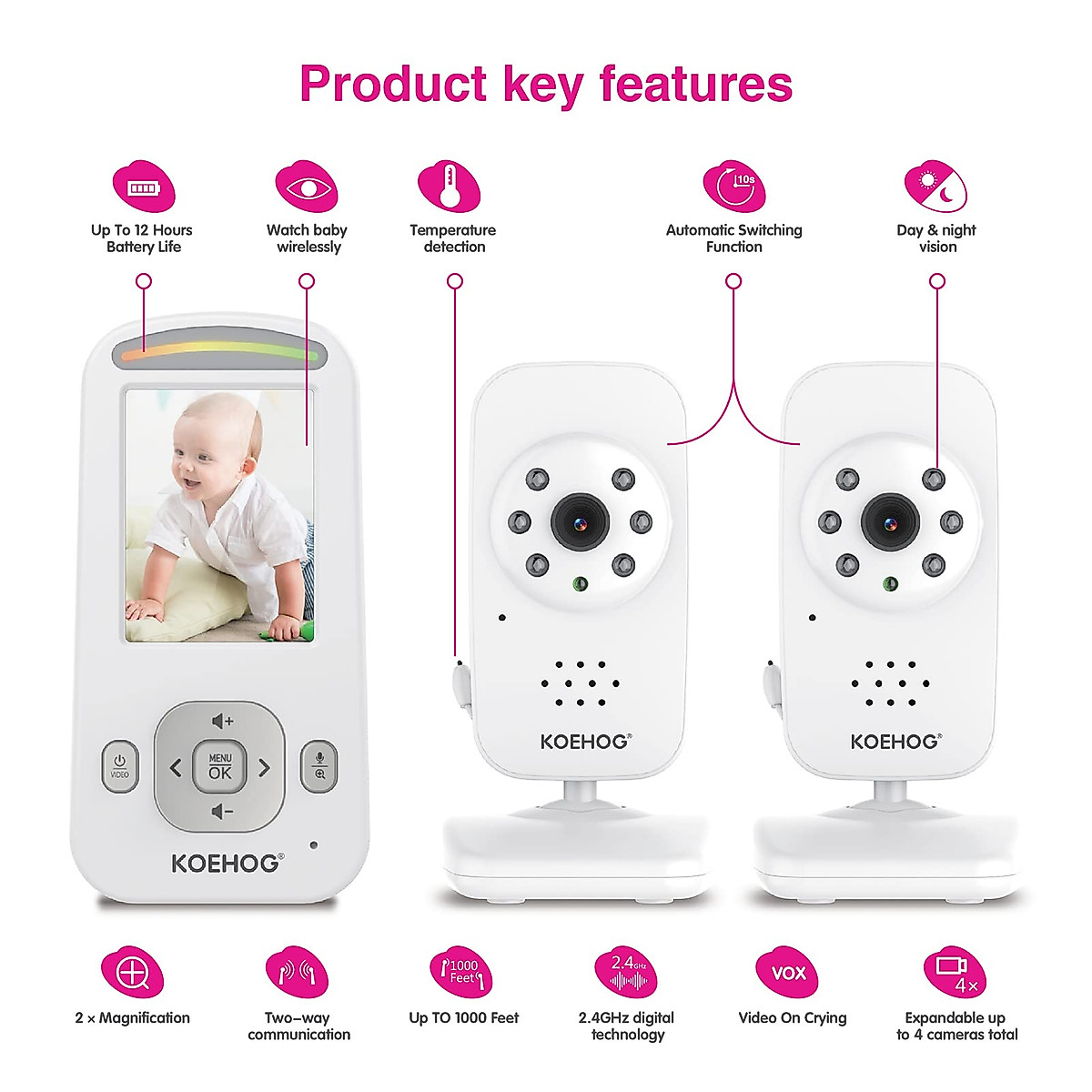 Video Baby Monitor, Slim Handheld, Non-Slip Design, 2.4" Vertical Screen Monitor & 2 Camera, Range up to 1000ft, 18 Hour Battery Life, 2-Way Talk, Night Vision, Temperature Monitor, No WiFi.