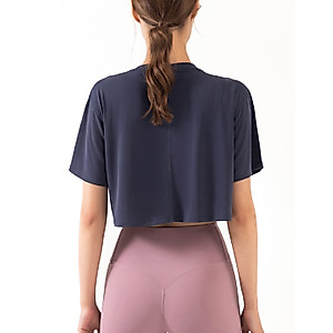 Gnveub Women's Lightweight Short Sleeves Yoga Shirt Soild Basic Crew Neck Crop Tops Athletic Workout Top(Navy,M)