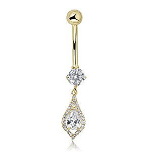 AVORA 10K Yellow Gold Simulated Diamond CZ Teardrop Dangle Belly Button Ring Body Jewelry (14 Gauge)