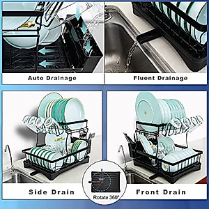 huspossesser Dish Drying Rack for Kitchen Counter, 2 Tier Dish Rack and Drainboard Set, Large Capacity Stainless Steel Dish Drainer, Dish Strainers with Utensil Holder and Cup Rack, Black