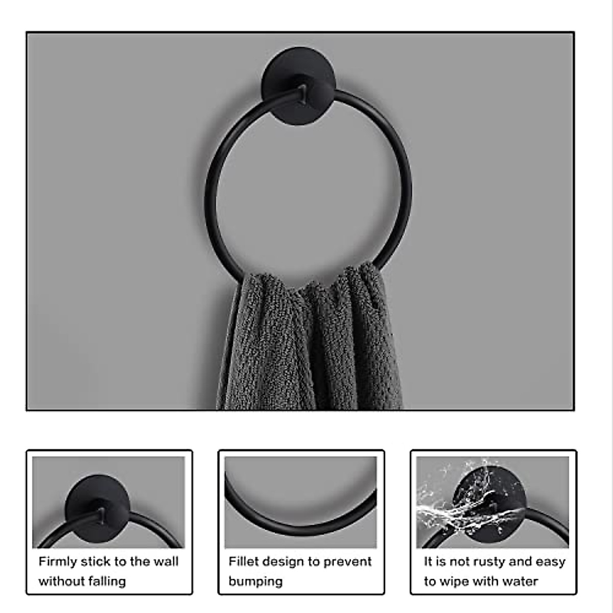 Towel Holder no Drill，Adhesive Towel Ring ，Stainless Steel Adhesive Hand Towel Hanger for Bathroom & Kithen Wall Mount， No Drilling Modern Hand Towel Hanger, Matte Black