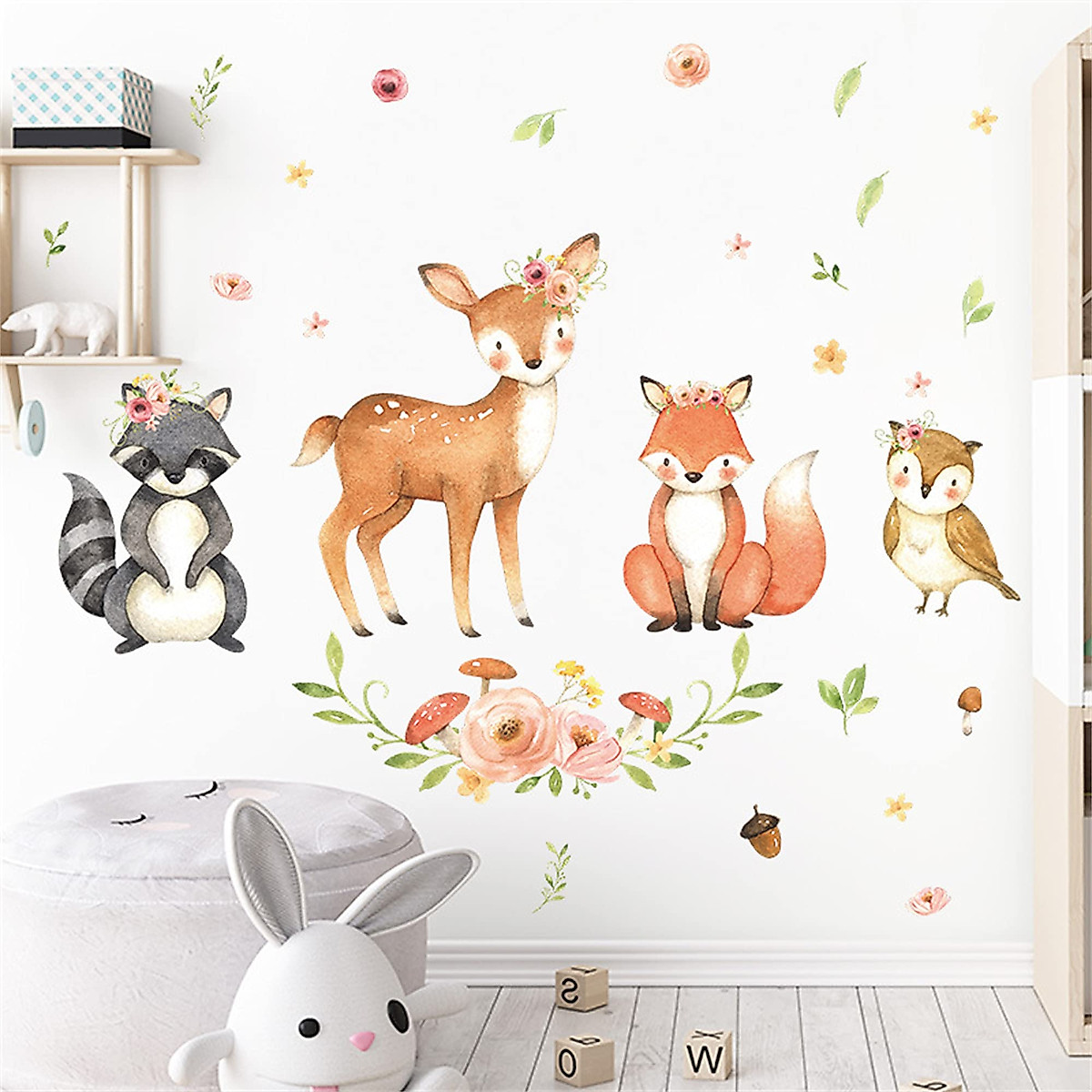 ROFARSO Cute Cartoon Lovely Woodland Animal Wall Sticker for Kid Removable Raccoon Deer Fox Owl Wall Decal DIY Decoration for Nursery Baby Boy Girl Bedroom Playroom Living Room