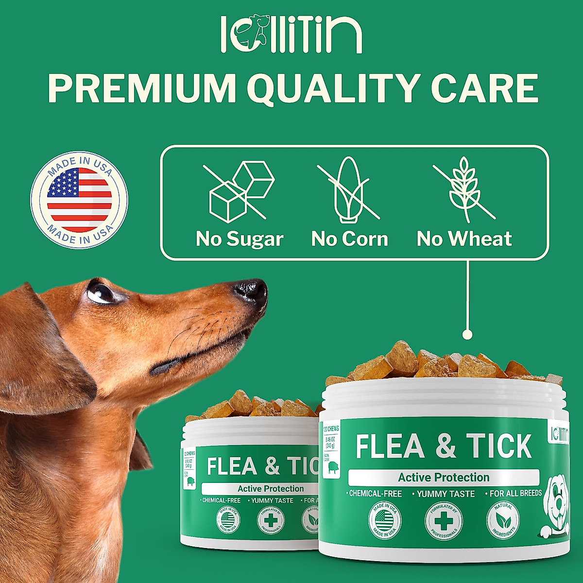 LOLLITIN Flea & Tick Dog Supplement - Made in USA - All Natural - Dog Chews 120 Count - Bacon Flavor - Dog Supplements - Natural Repellent