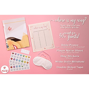 Pin The Ring on The Bride Game, 56 Gems Stickers, Bridal Shower Rings for Bridal Shower Games, Wedding Party, Large Poster, Rose Gold Party Supply